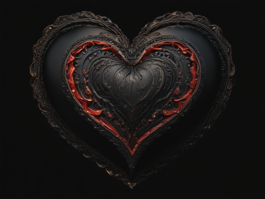 Intricate Black and Red Heart Design with Elaborate Patterns and Textures