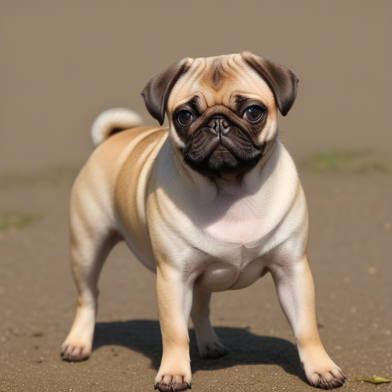 A Playful Pug Standing on the Beach with a Happy Expression