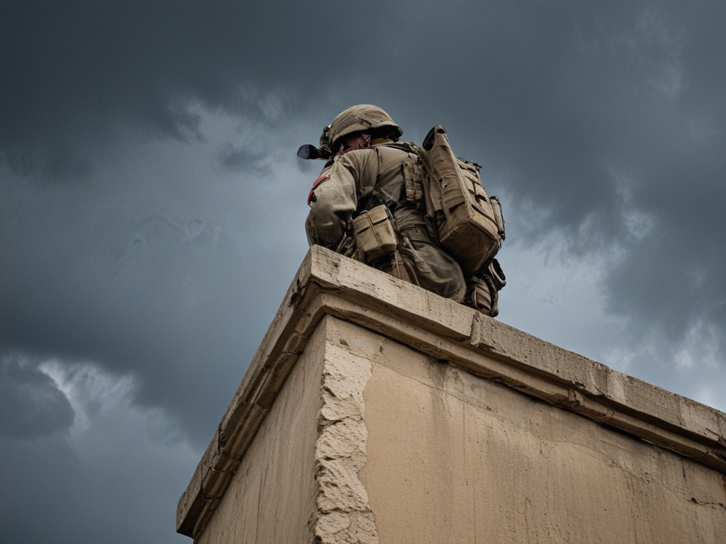 a delta force operator peering over the edge of a building.....dark ...