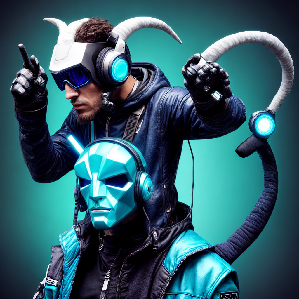 cyberpunk dj with goat mask/helmet, white cyan, profile pic