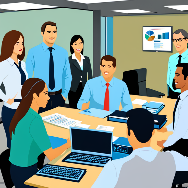 A blue-green HD cartoon for advertisement themed picture of an office ...