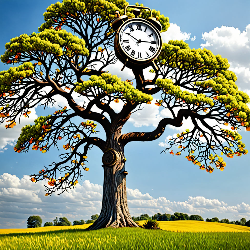 tree growing from a clock in a beautiful landscape with great contrast ...