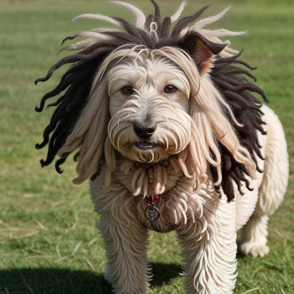 A Playful Dog with Unique Dreadlock-Like Fur Enjoying a Sunny Day Outdoors