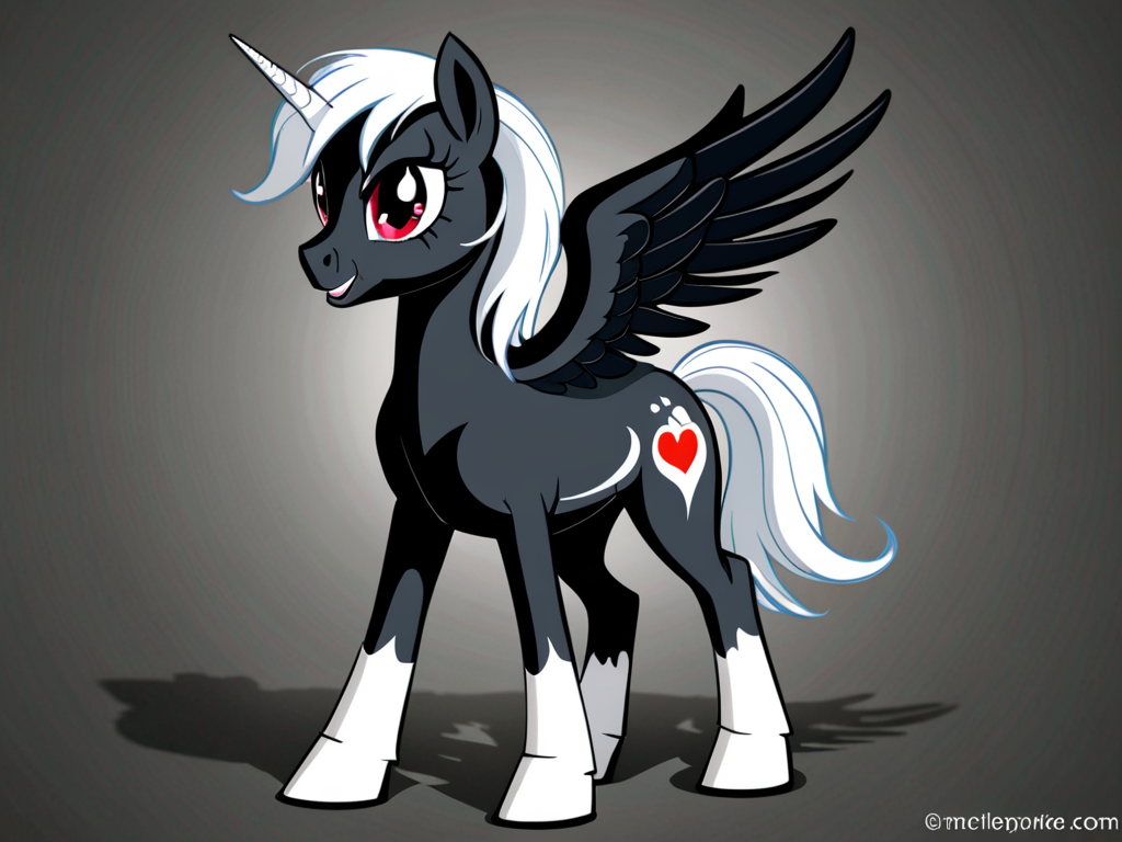 mlp pony dark alicorn with white markings on face red eyes black mane