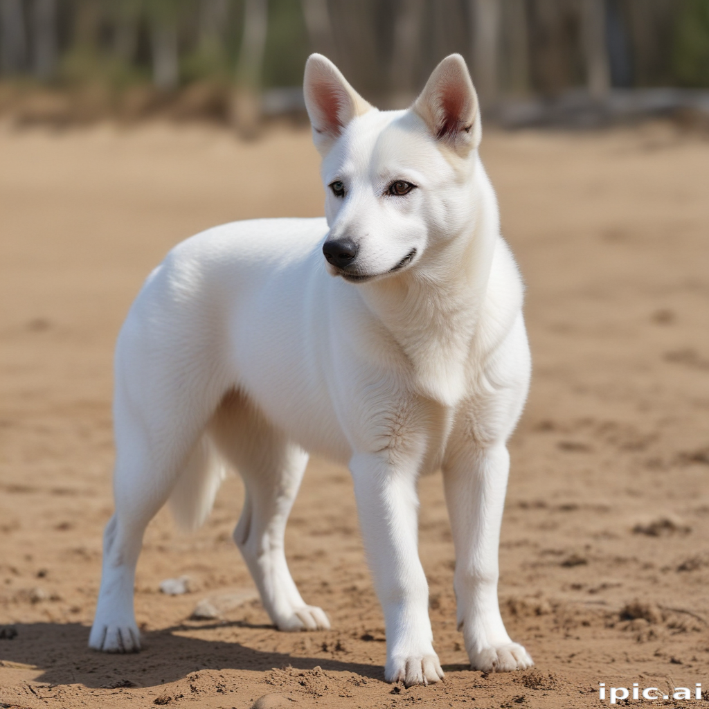 A Beautiful White Dog Standing Gracefully on a Sandy Beach.