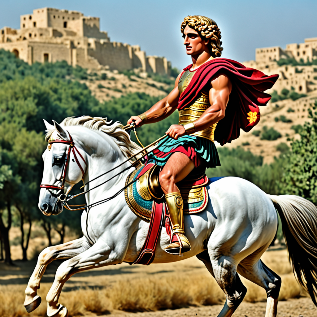 realistic picture of Alexander the Great riding boukefalaw horse