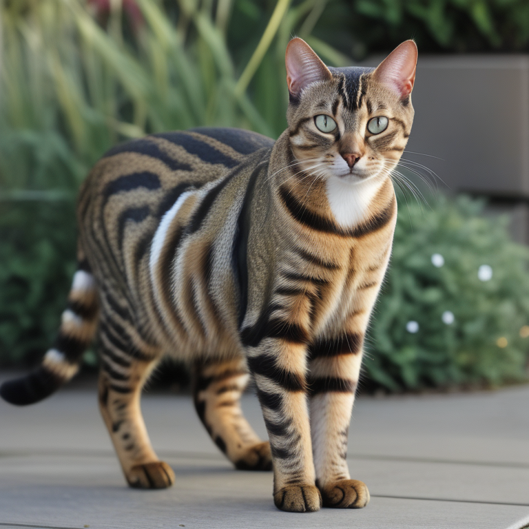 A Striking Bengal Cat Stands Gracefully in a Lush Garden Setting
