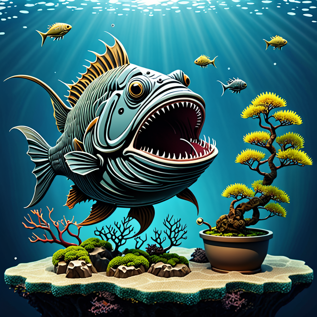 Cartoon angler fish eating a bonsai tree in the depths of the sea