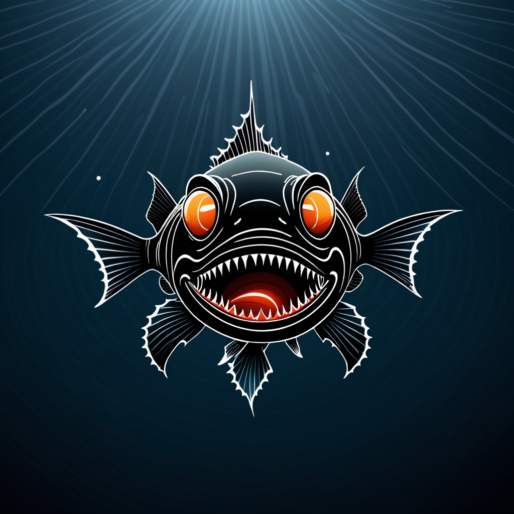cartoon big teeth angler fish illuminated by it's lure swimming towards ...