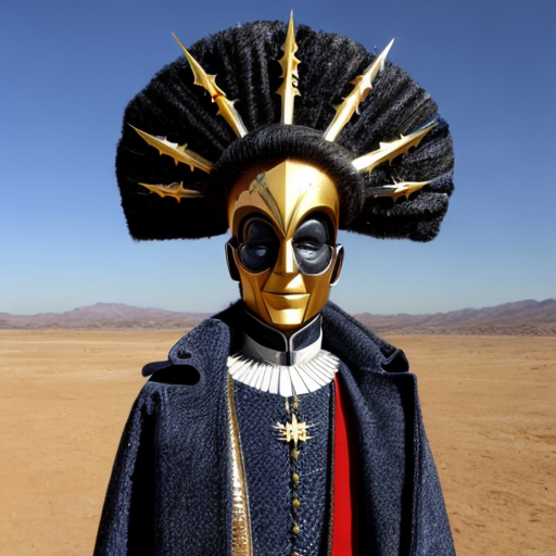 A character with a pancake mask and an emperor's outfit with spiky hair