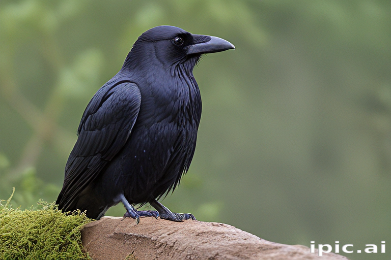 A Majestic Black Raven Perched Gracefully on a Mossy Stone Surface.