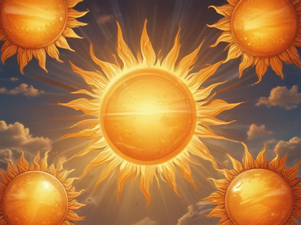 A Bright and Radiant Display of Colorful Suns Against a Blue Sky.