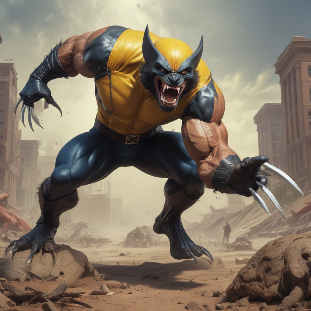 Wolverine from the HQ fighting a dinosaur