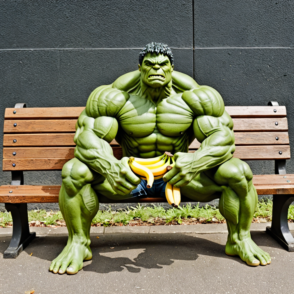 Hulk as giant and barefoot, sitting on bench step a banana