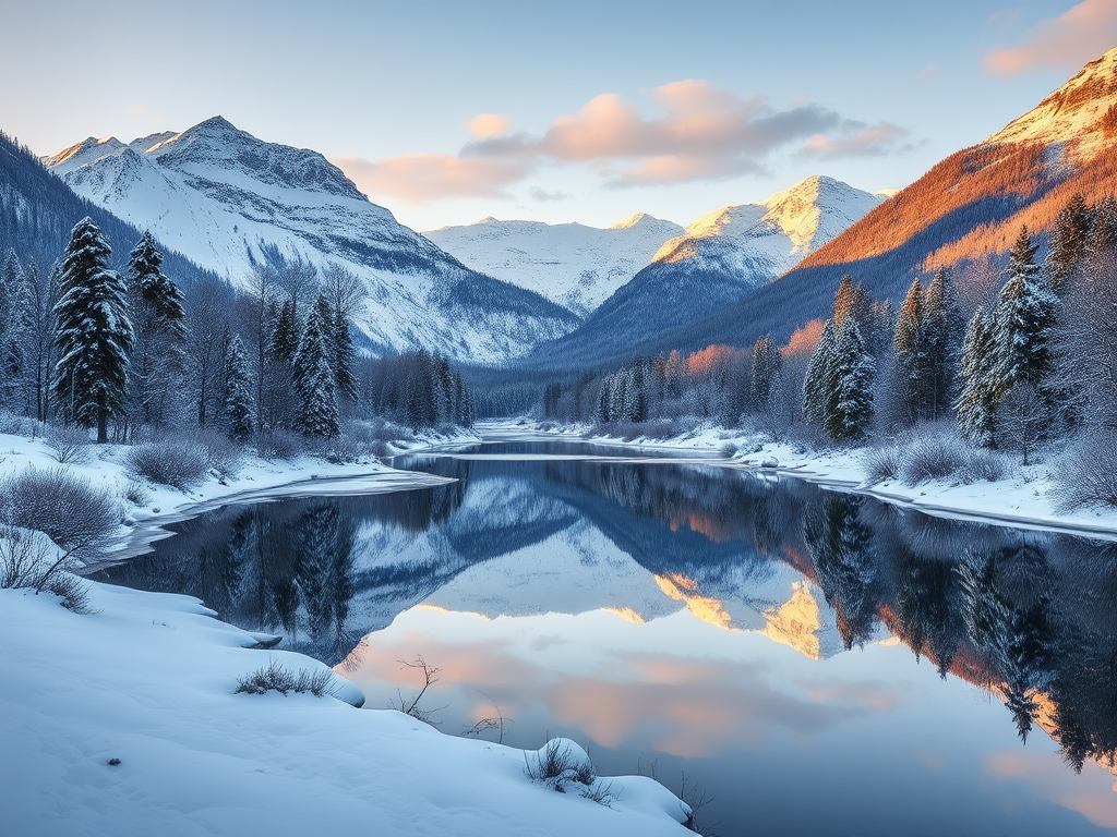 capture a serene winter landscape featuring a calm river reflecting ...
