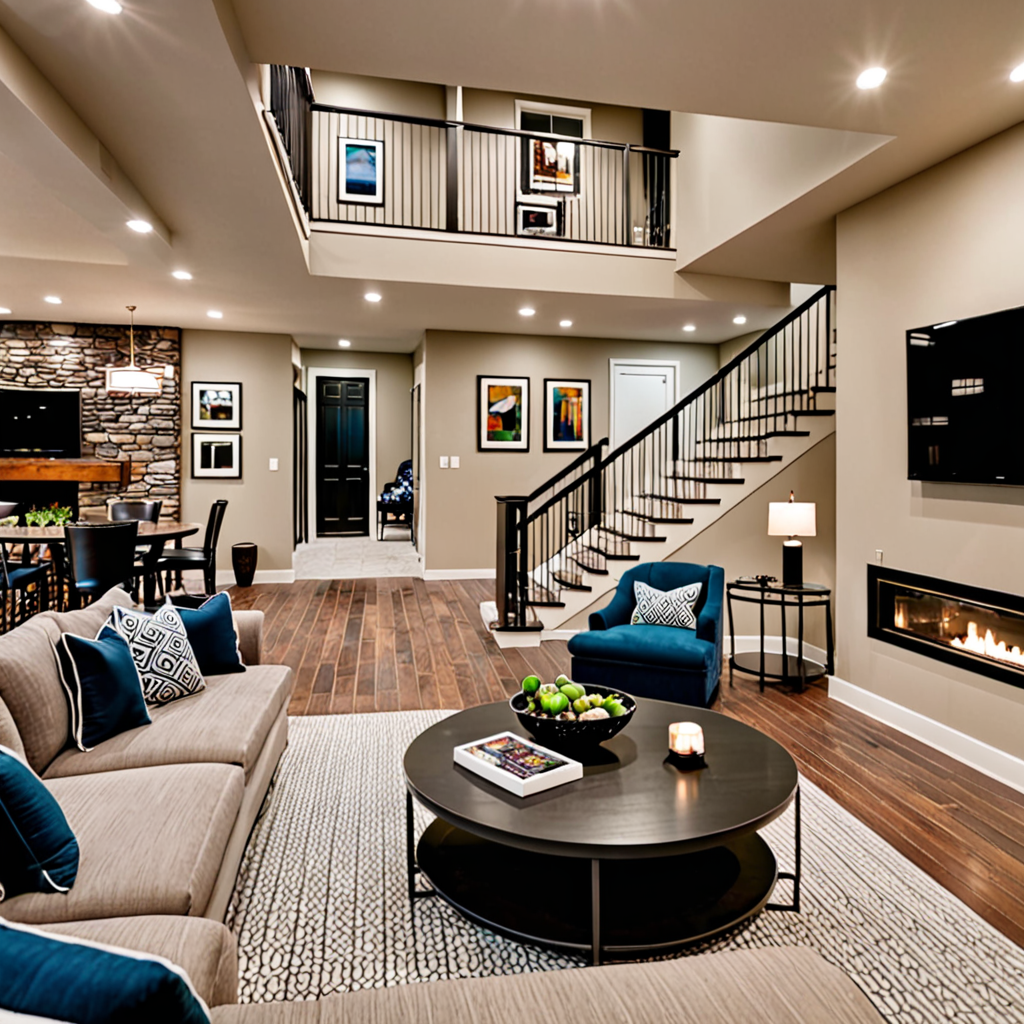 high end basement living area with couches, coffee tables, fireplace ...