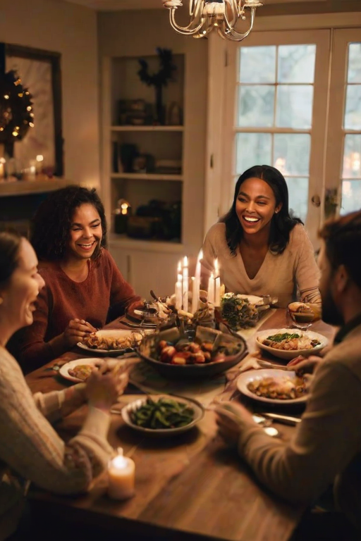 Joyful Gathering Around the Dinner Table with Friends and Delicious Food