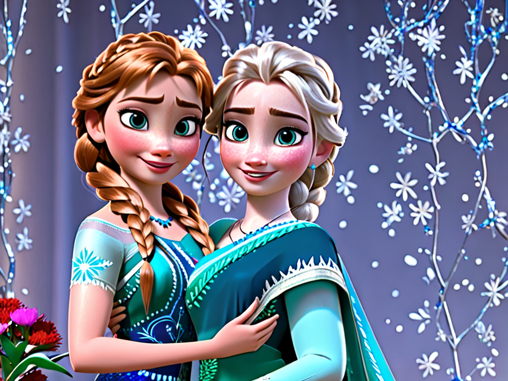 Elsa hug Anna in saree indian smile frozen disney smile look at camera ...