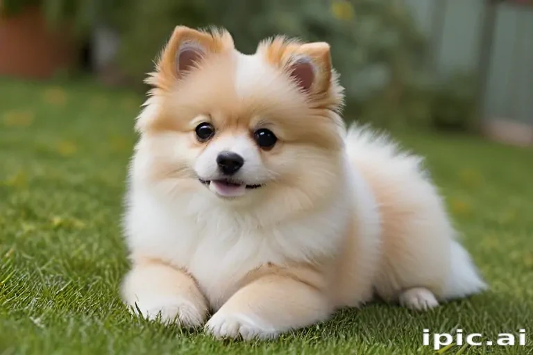 Adorable fluffy Pomeranian puppy relaxing on lush green grass outdoors.