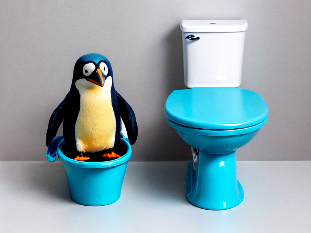 Create a penguin sitting on a toilet looking down in a completely light ...