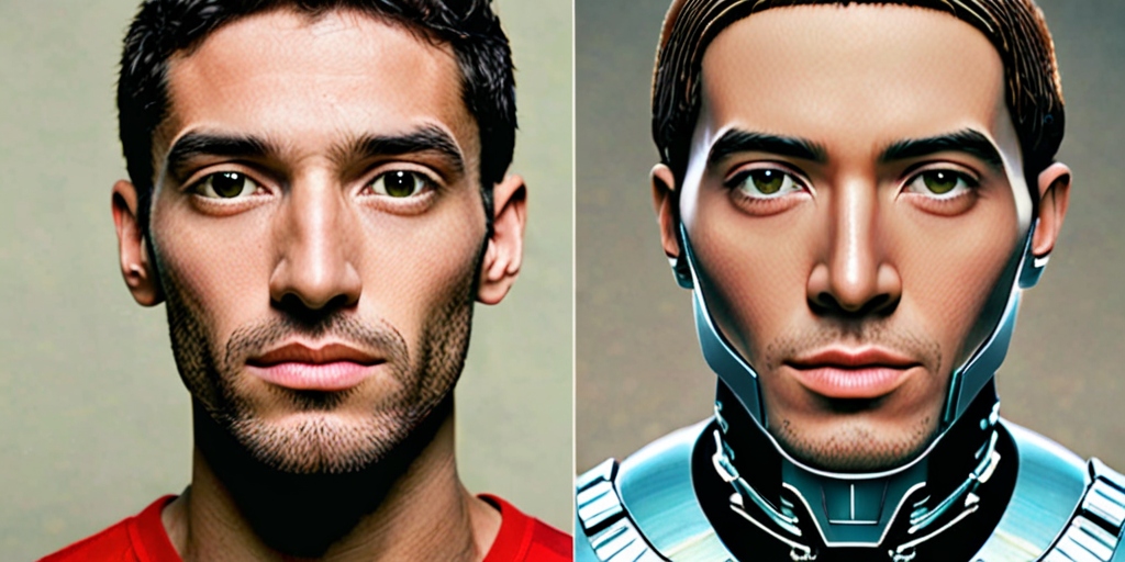 ONE HUMAN FACE HALF HUMAN AND HALF ROBOT IN HAMONY COMPINED IN ONE FACE