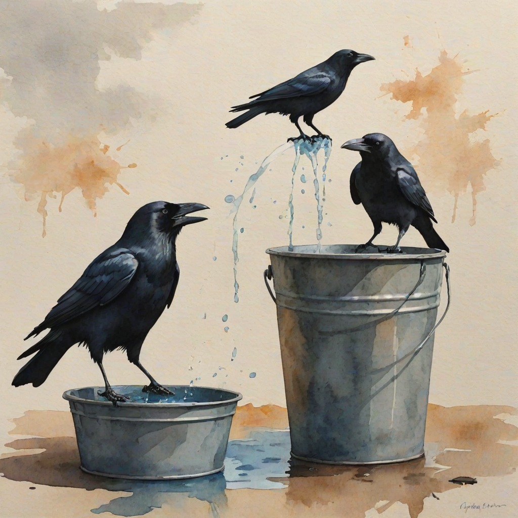 Three Playful Crows Splashing Water in Metal Buckets on a Sunny Day
