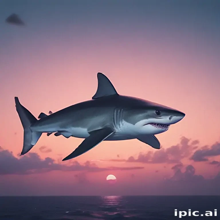 Majestic Shark Swimming Gracefully Against a Stunning Sunset Background