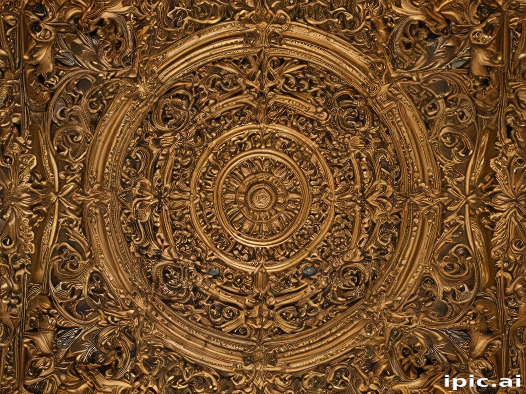 Intricate and Ornate Golden Ceiling Design with Floral Patterns and Swirls.