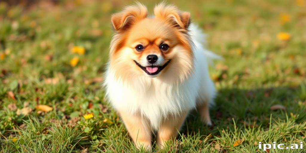 A Happy Pomeranian Dog Playfully Standing in a Sunlit Green Field.