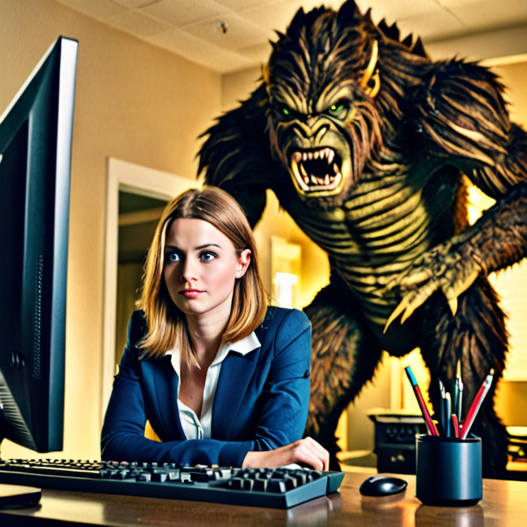Girl siting in front of a computer with a monster standing behind her
