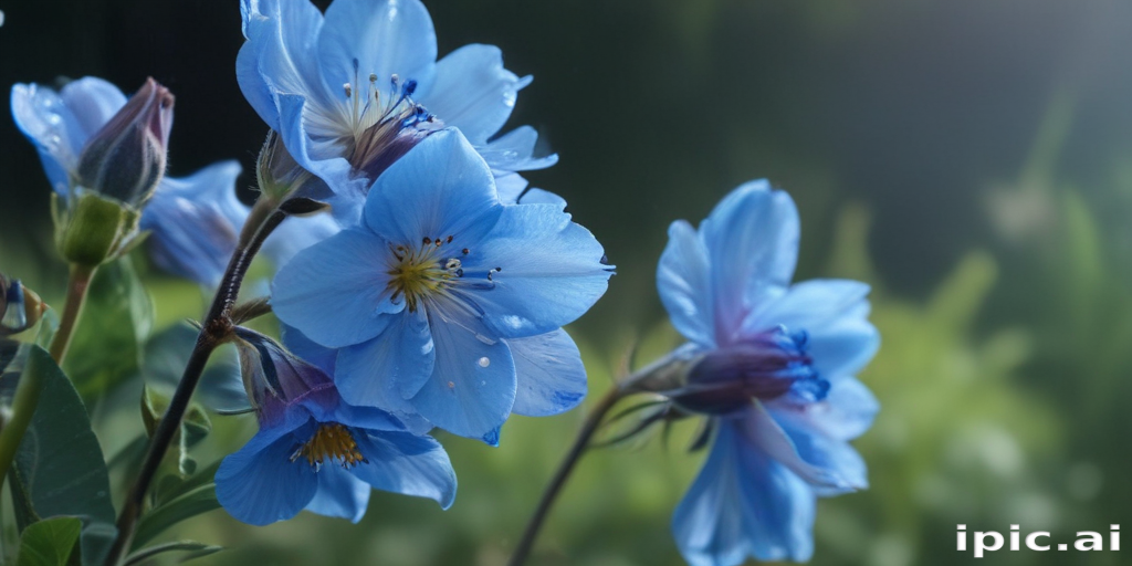 Delicate Blue Flowers Glistening with Morning Dew Beneath Soft Sunlight