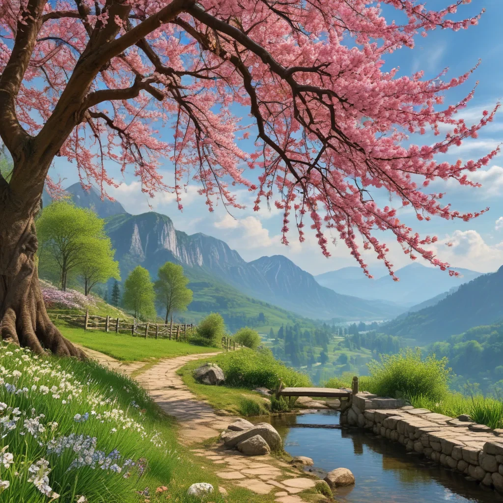 A Serene Spring Landscape with Cherry Blossoms and Majestic Mountains ...