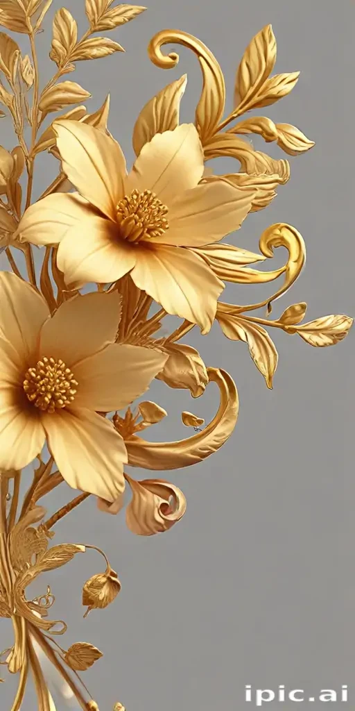 Exquisite Golden Floral Design with Elegant Leaves and Detailed Petals