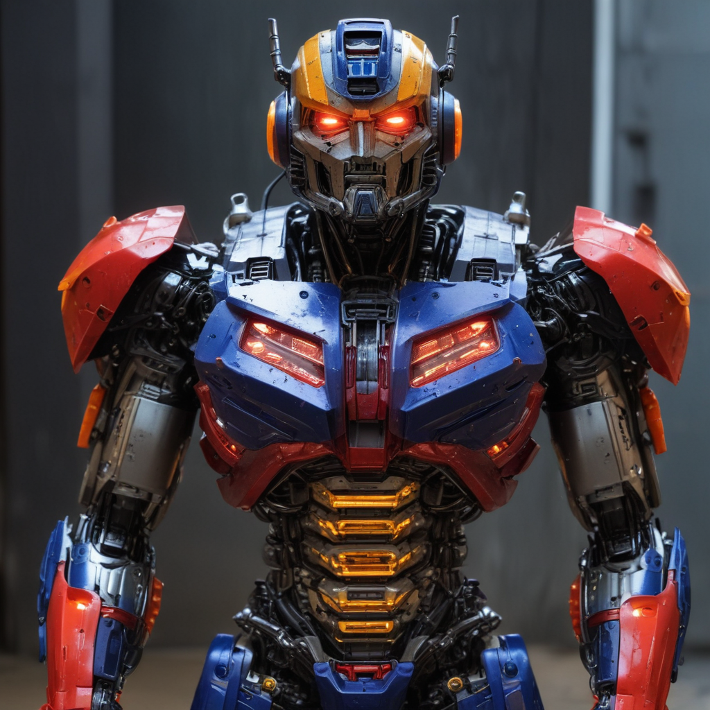 a transformer robot with PFZ emblazed on its chest, lighted. caption ...