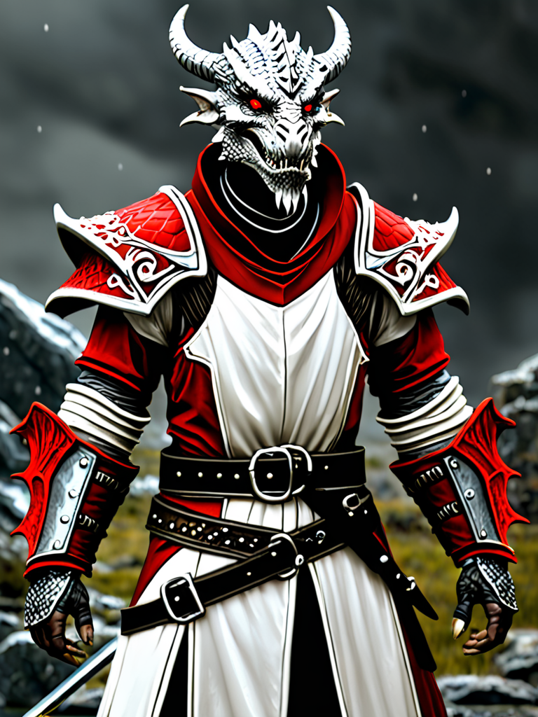 Dragonborn warlock with white scales and a red scar