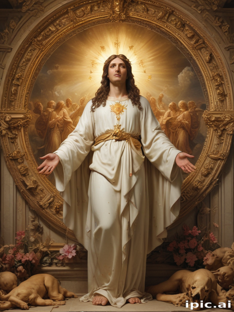 Divine Figure in Radiant Light Surrounded by Celestial Beings and Serenity