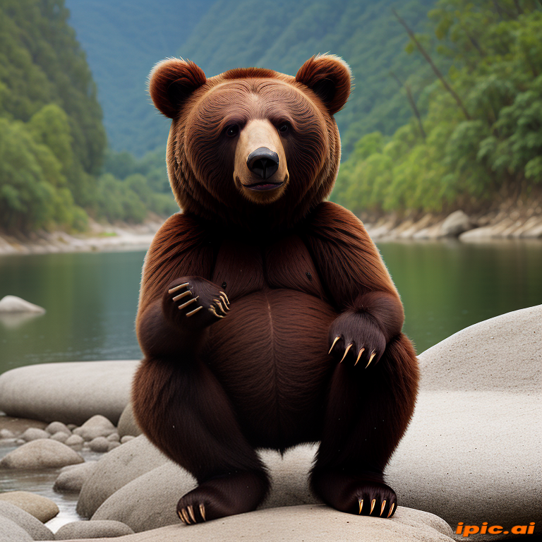 A Friendly Bear Sitting by the River in a Scenic Landscape.