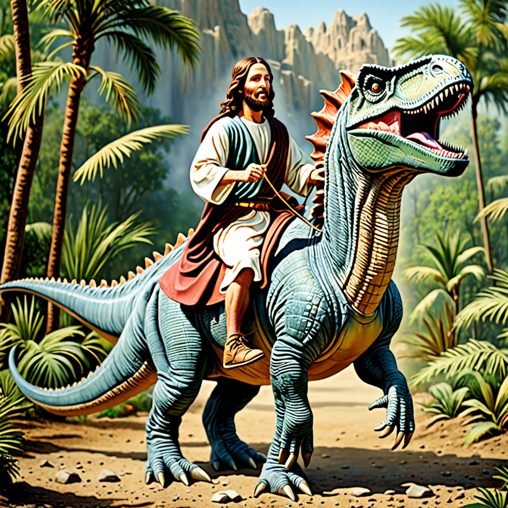 Hyper realistic photo album photo of a jesus riding a dinosaur