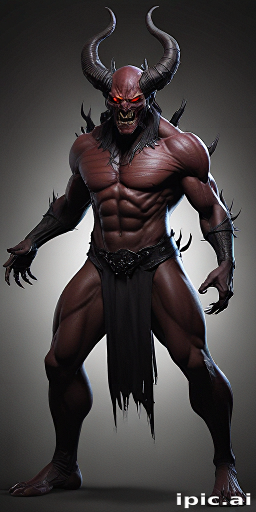 Fierce Demon with Horns and Fiery Eyes in Dark Warrior Stance