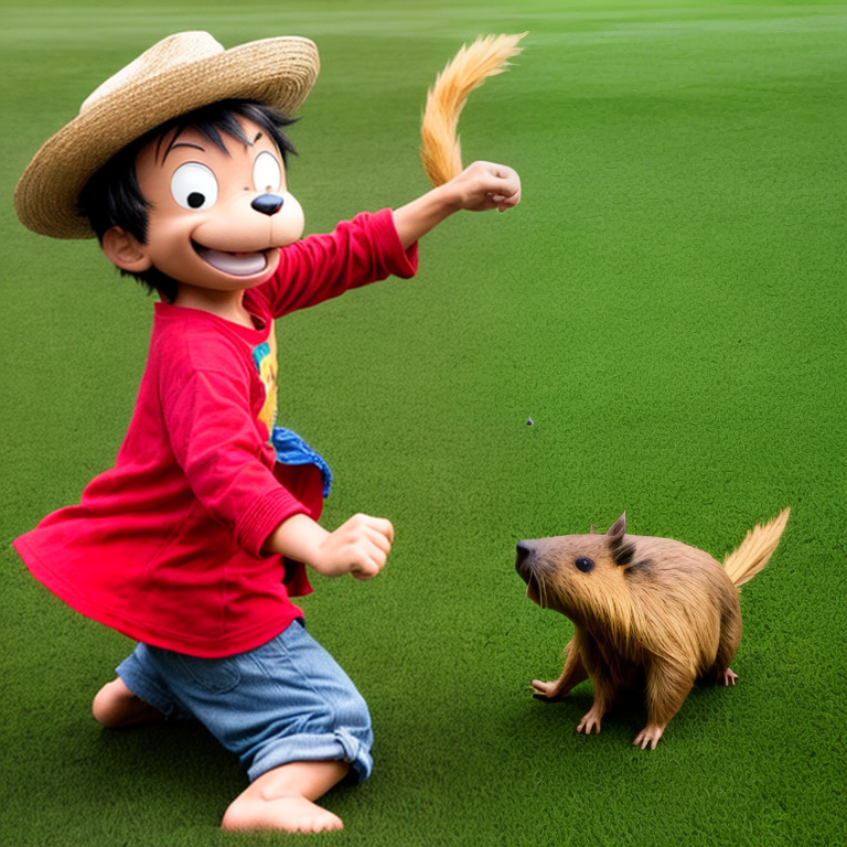 make mokey d luffy fighting with a capybara