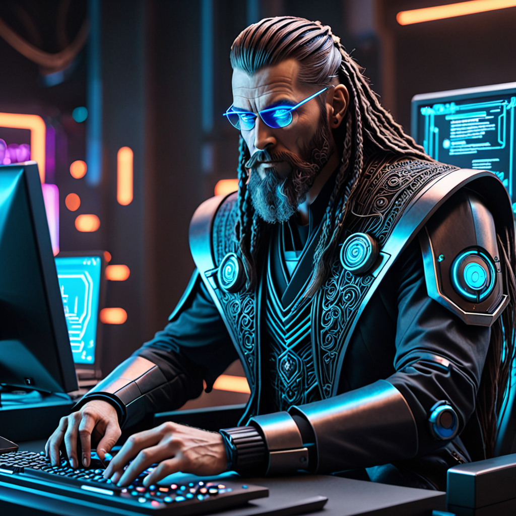 Create a unique 3D art of a villainous royal looking cyberpunk wizzard ...