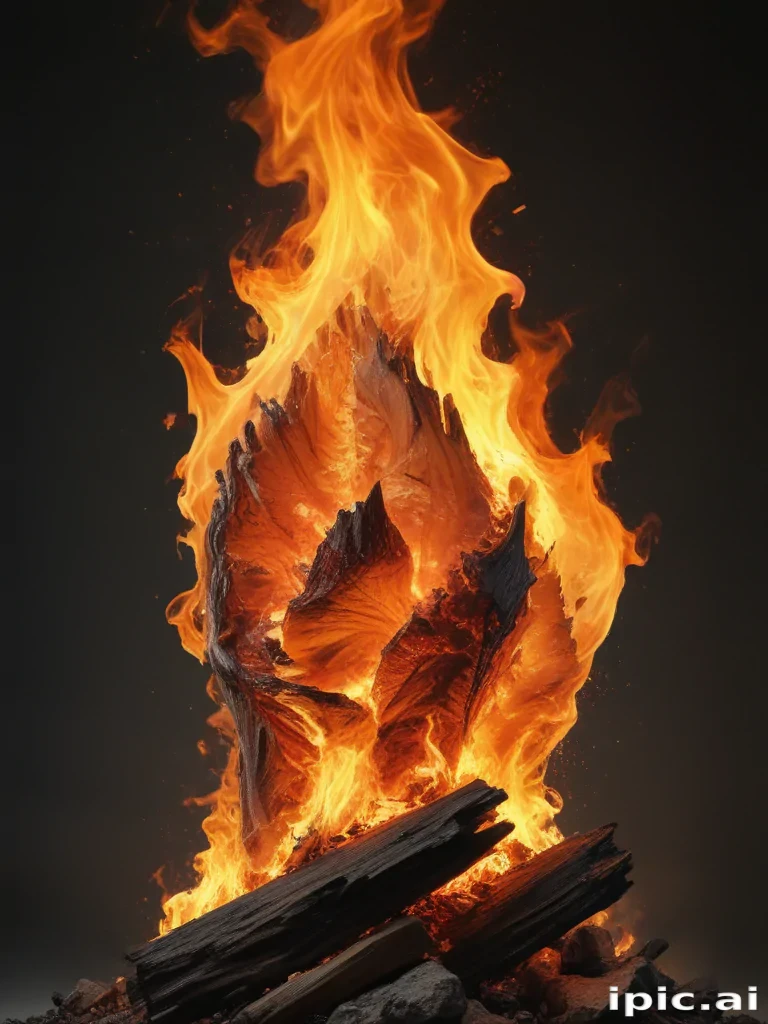 A Majestic Display of Flames Erupting from Charred Wood and Ashes