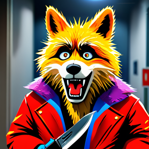 a crazy furry with a bloody knife and manic dialogue