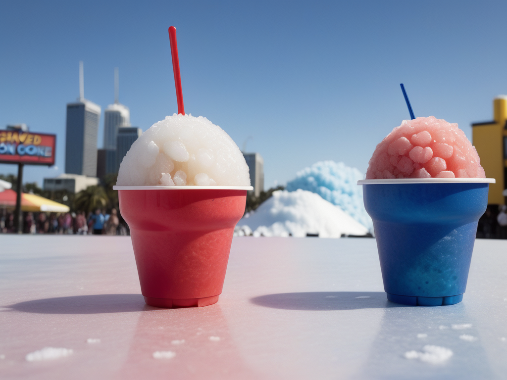 Delightful Snow Cone Stand and Colorful Ice Treat in Hand