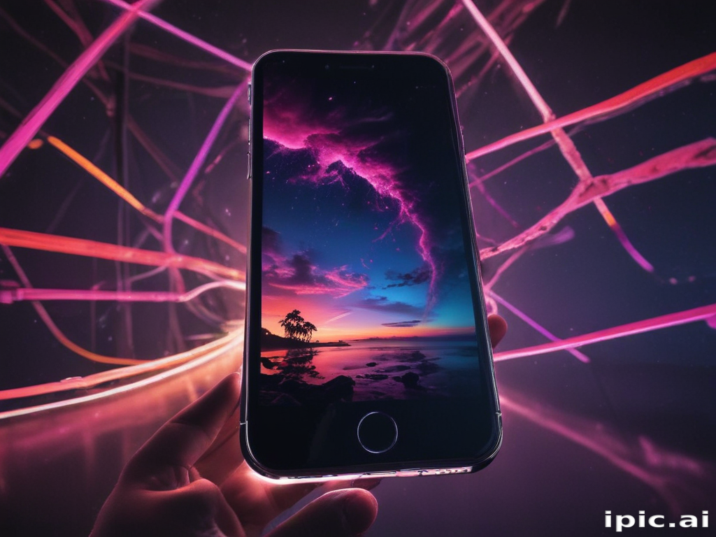 A Stunning Phone Displaying a Vibrant Sunset Over a Tranquil Beach Scene