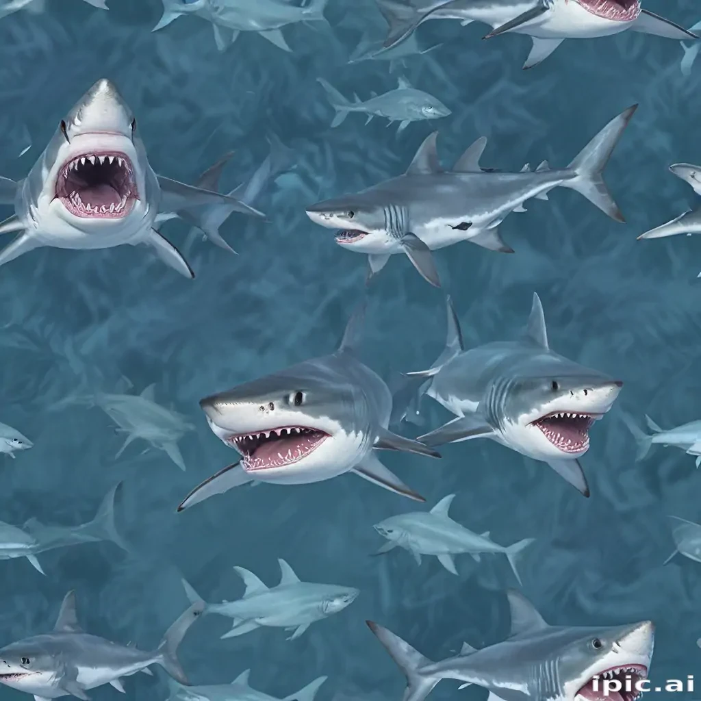 Underwater Scene Featuring Various Sharks Swimming in Clear Blue Ocean