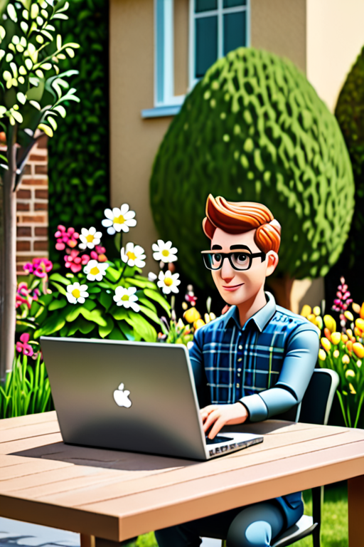cartoon developer coding windows application in garden