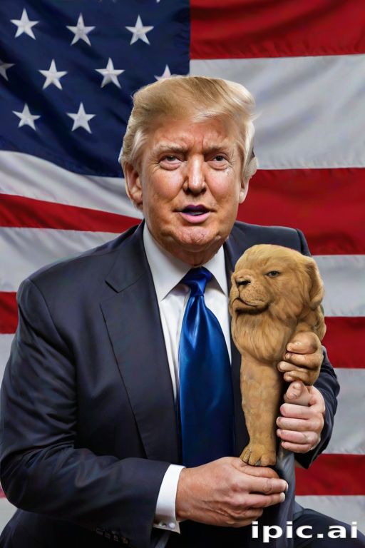 Former President Holding Lion Figurine Against a Background of American ...