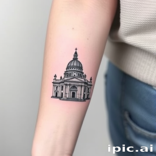 Intricate Tattoo of a Historic Building on a Person's Arm