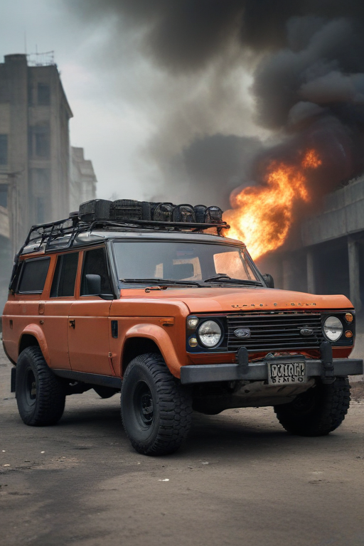 Land Rover LR3 on fire in a post apocalyptic city, with armor plating ...